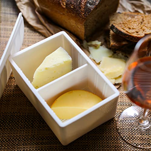CapaBunga Cheese Vault with Divider - Reusable Artisan Cheese Storage Container for Fridge - Food Grade Silicone Cheese Container 6x4x3.5β - Cheese Keeper for Refrigerator - White Cheese Holder