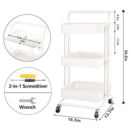 QiMH 3 Tier Rolling Storage Cart Heavy Duty Mobile Rolling Utility Cart with Handle Wheels Multifunction Large Storage Shelves Organizer