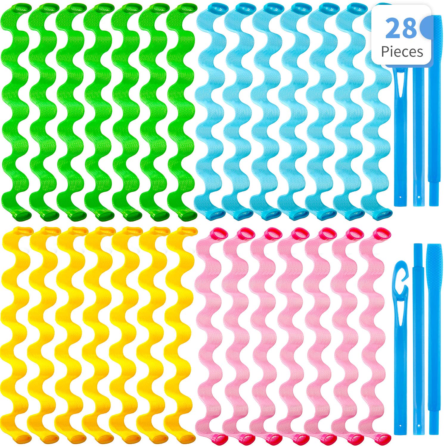 28 Pieces Hair Curlers Spiral Curls No Heat Wave Hair Curlers Styling Kit with 2 Pieces Styling Hooks for Most Kinds of Hairstyles (45 cm, Assorted Color)