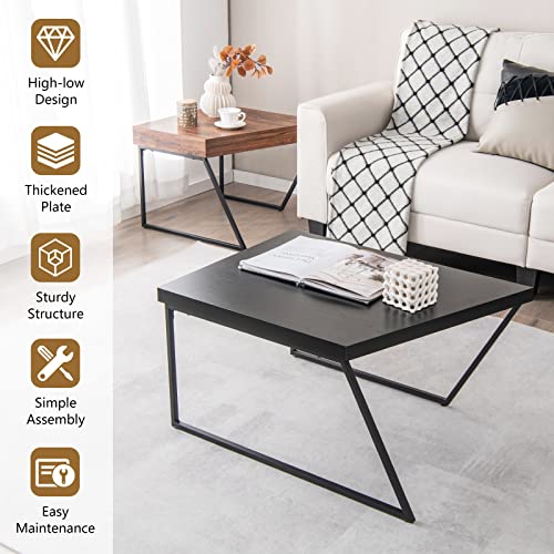 Giantex Stacking Coffee Table Set of 2, Black & Brown Modern Side Table with Powder Coated Metal Legs, Trapezoid Nesting Table for Living Room, Office, Bedroom, Black + Brown