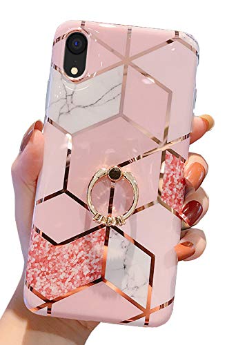Qokey Case Compatible with iPhone XR Case 6.1 inch Marble Case Cute Fashion for Women Girls with 360 Degree Rotating Ring Kickstand Soft TPU Shockproof Cover Rhombic Marble