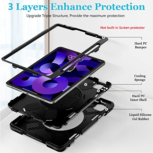 Case for iPad Air 5th/4th Generation: Military Grade Protective Cover iPad Pro 11 Inch Case & iPad Air 5/4 Case 10.9 Inch (2022/2020) W/Pencil Holder- Stand- Handle- Shoulder Strap- Black