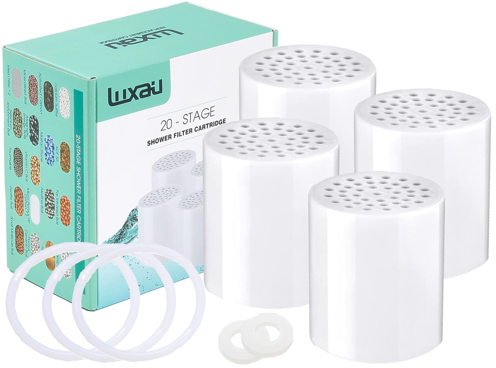 4 Pc Luxau 20 Stage Shower Filter Replacement Cartridge, Shower Head Filter Refill, for Hard Water Chlorine Heavy Metal Impurity, Improve Skin Hair, Fit Any Similar Design Shower Water Filter