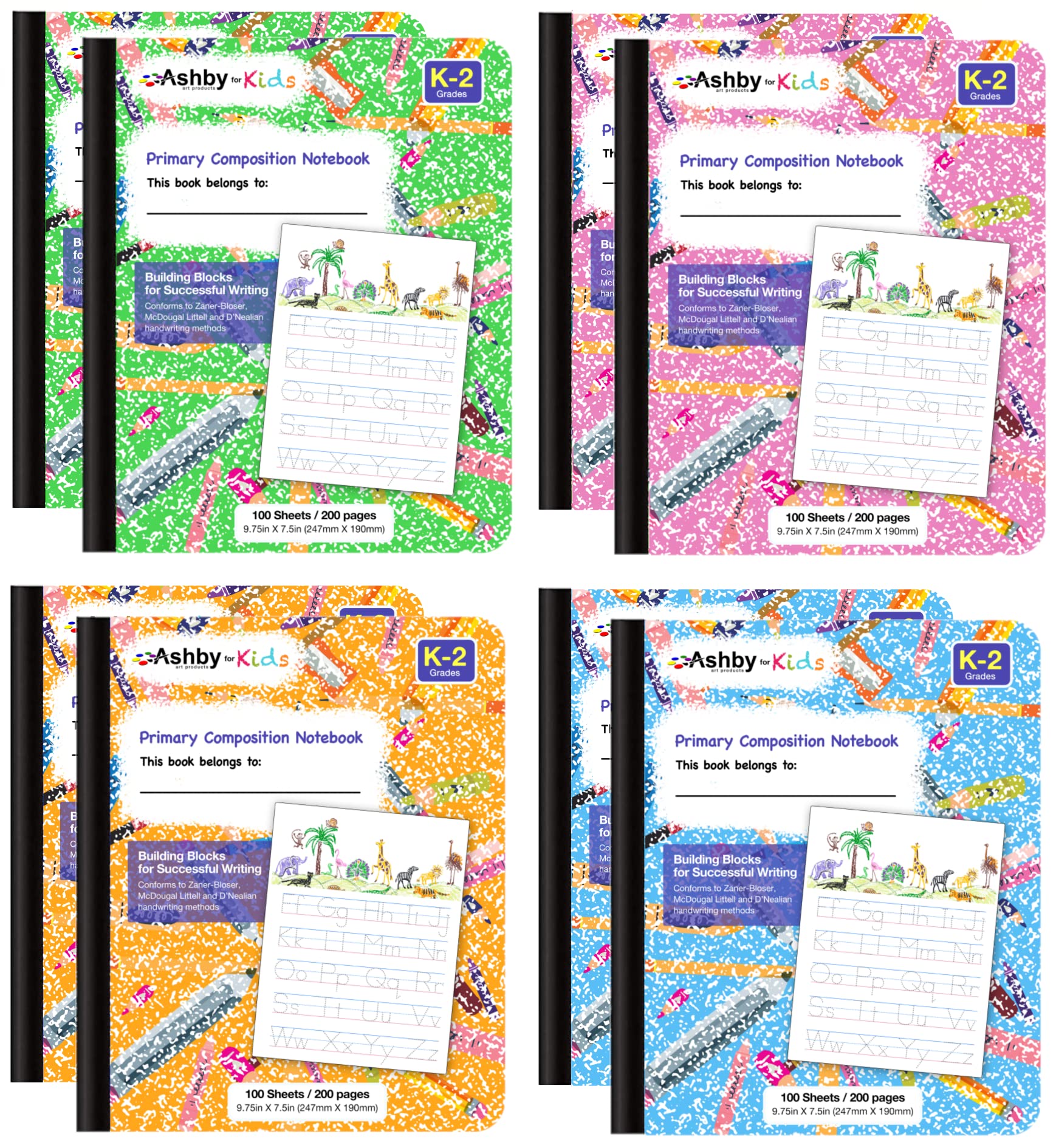 Ashby for Kids - 8 Pack - Primary Composition Notebooks (Grades K-2) with Stitched Binding for Durability - 4 Fun Marbled Hardcover Colors (2 Each of Blue, Green, Pink & Orange), 100 Sheets, Book Dimensions are 9.75" x 7.5".