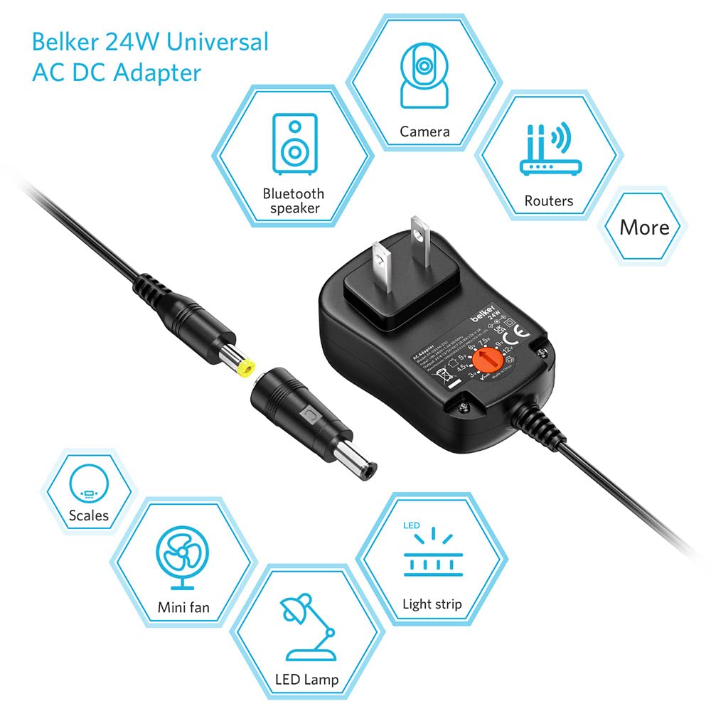 Belker 24W Multi Voltage 3V 4.5V 5V 6V 7.5V 9V 12V Universal AC DC Power Adapter Supply for Household Electronics - Max Amp 2000mA