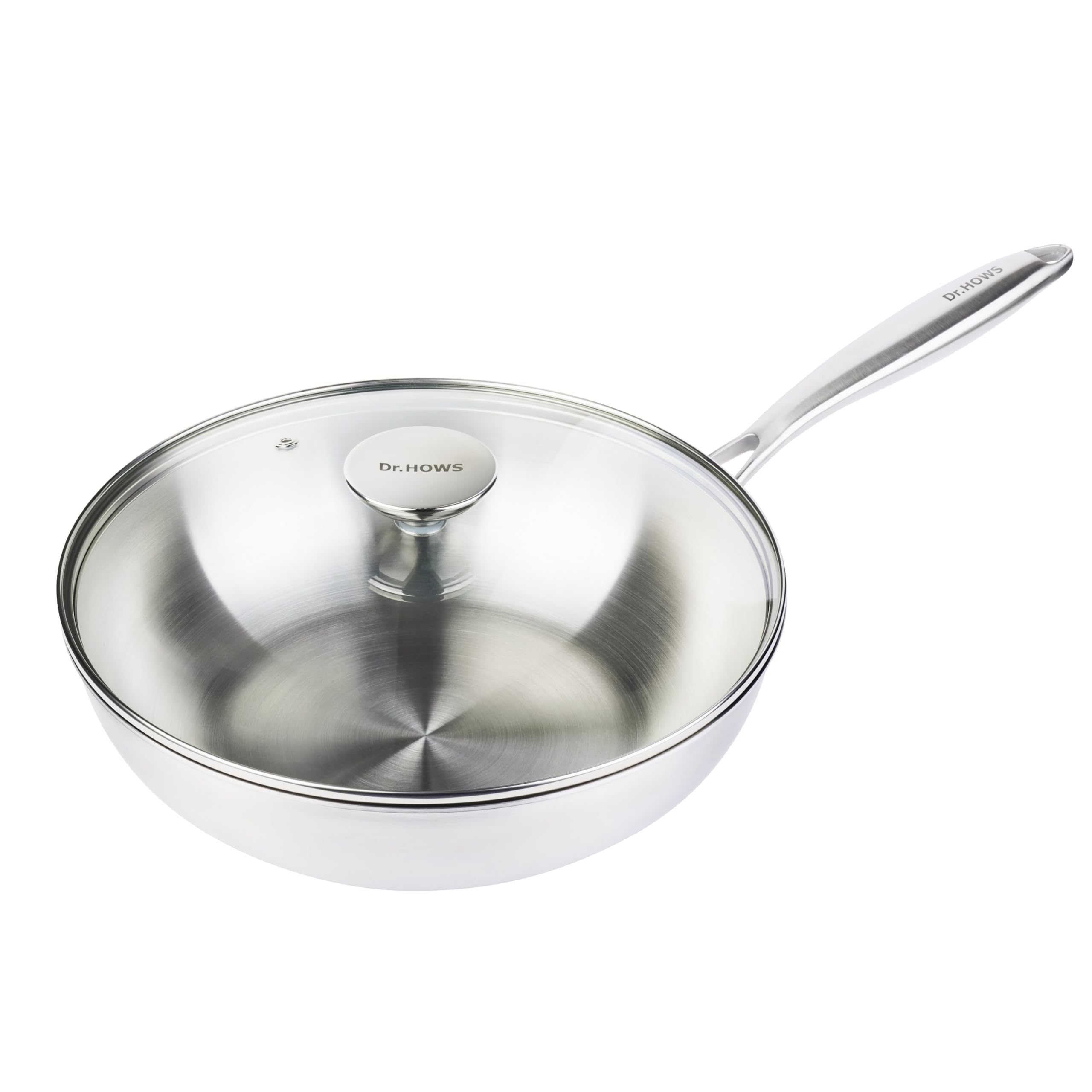 Dr.HOWS ESSENTIAL Tri-ply Stainless Steel Wok Pan, Kitchen Woks & Stir-fry Pans with Lid, Works on Induction, Dishwasher and Oven Broiler Safe, Cooking Frying Pan, Silver (11" wok with lid)