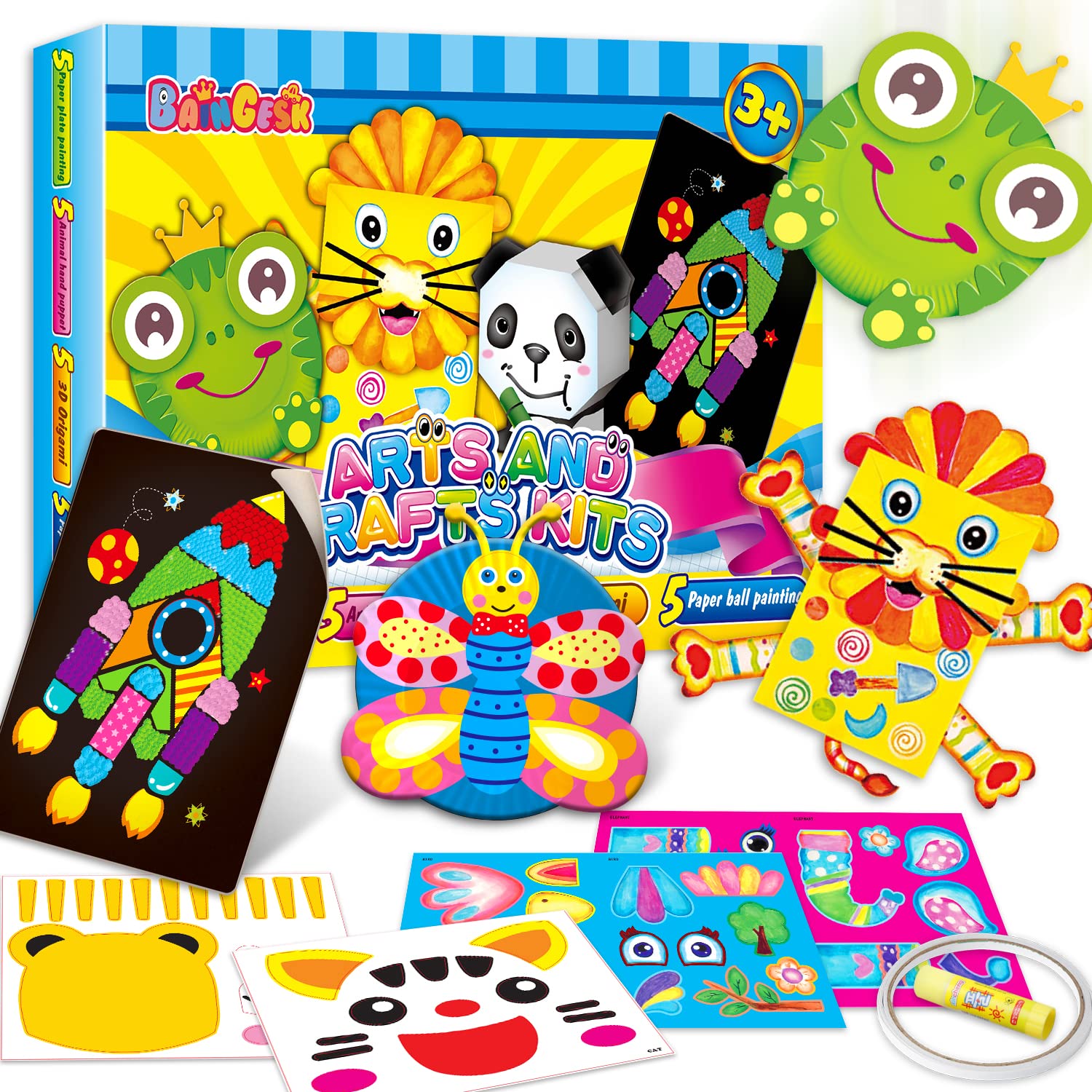 BainGesk Arts and Crafts for Kids Ages 3, 4, 5, 6, 7, 8 Years Old, 20 Projects Art Activities Toddler Craft Box, Organized Art Supplies for Boys & Girls, Fun Paper Craft Kit for Preschool