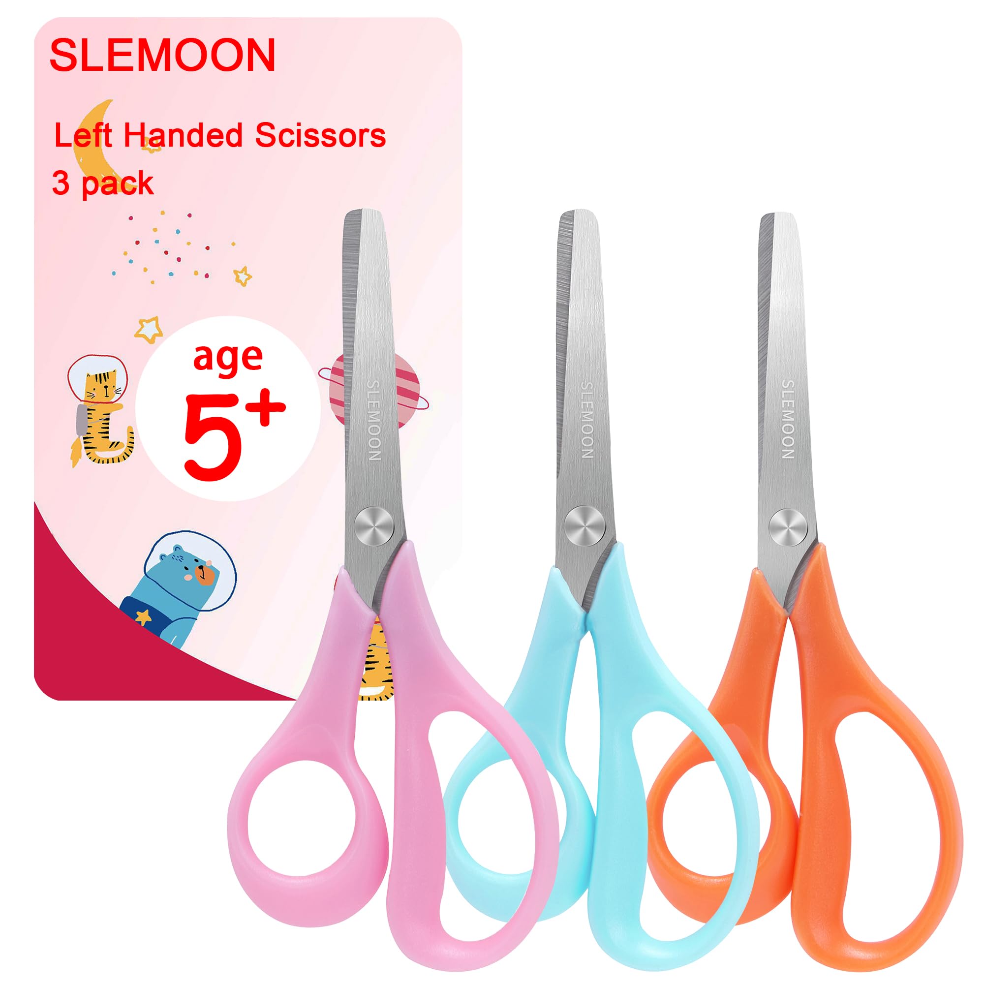 5" Left Handed Kids Scissors Set of 3 pcs,Suit for Ages 3-5 4-6 6-8,Kids Craft Scissors with Blunt Tip Stainless Steel Blades,Great for School Classroom, Home and Family Daily DIY Arts Use,Blue,Pink