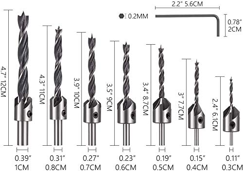 Millie Woodworking Countersink Drill Bit Set,Counter Sink Bit for Wood High Speed Steel, Woodworking Carpentry Reamer, with 1 Free Hex Key Wrench.(7pcs)