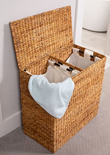BirdRock Home Water Hyacinth Laundry Hamper Divided Interior (Natural) - Eco Friendly - Made of Hand Woven Hyacinth Fibers - Includes Two Removable Cotton Liners Bag - Wicker Laundry Basket with Lid