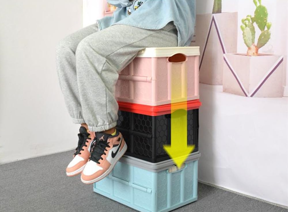 Radefasun Foldable Storage Bins with Lids and Wheel Plastic Collapsible Storage Box Portable Stackable Grocery Books Container Folding Latching Storage Crate for Indoor Outdoor (Pink, L)