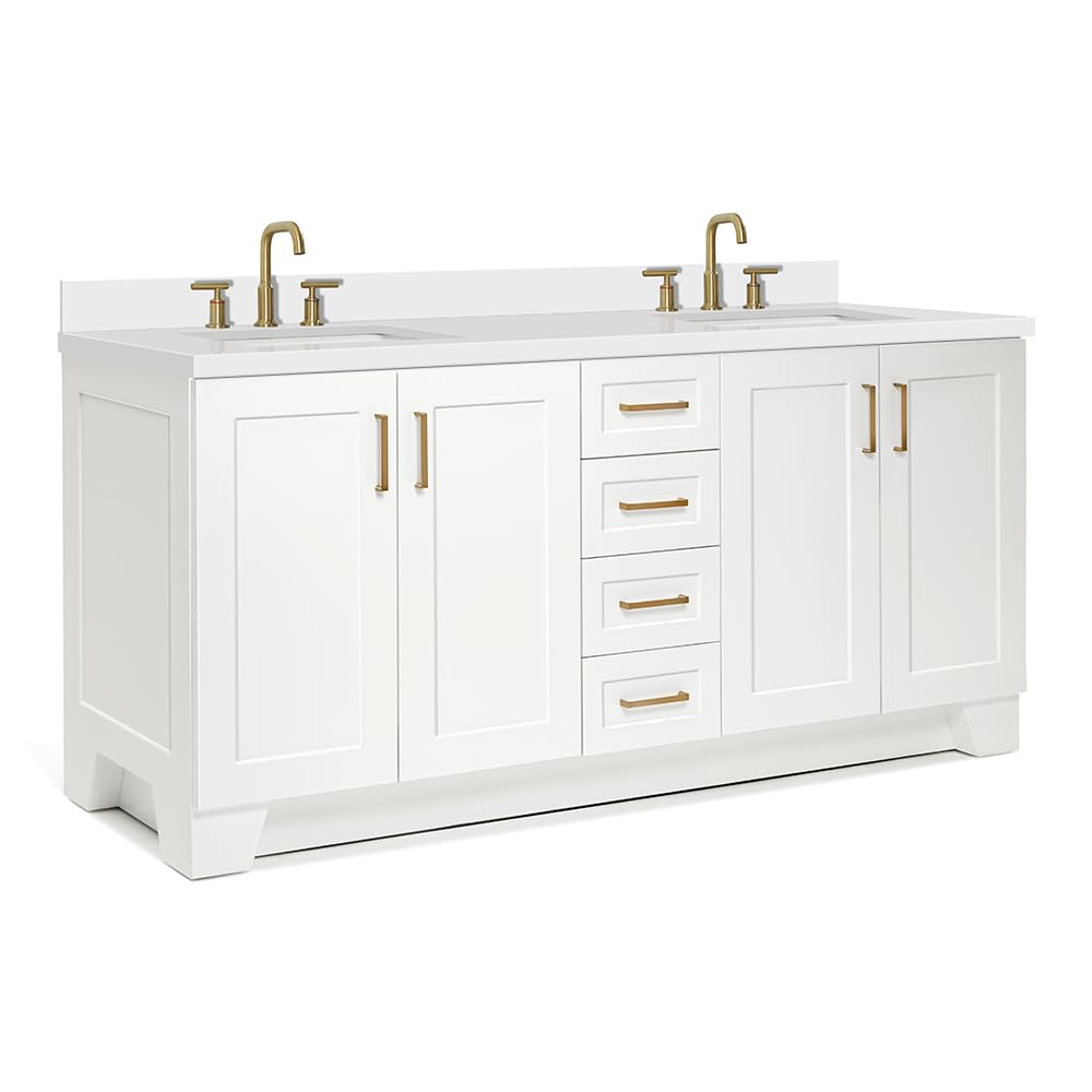 ARIEL 73" White Double Vanity, 1.5" Edge Pure White Quartz Countertop & Splash, Rectangular Sink, 4 Soft Closing Doors, 6 Full Extension Dovetail Drawers, Toe Kick, Satin Brass