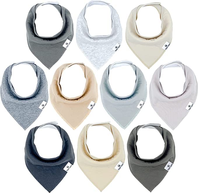 Diaper Squad 100% Organic Cotton Neutral Solid 10-Pack Baby Drool Bandana Bibs for Boys and Girls, Plain Colors