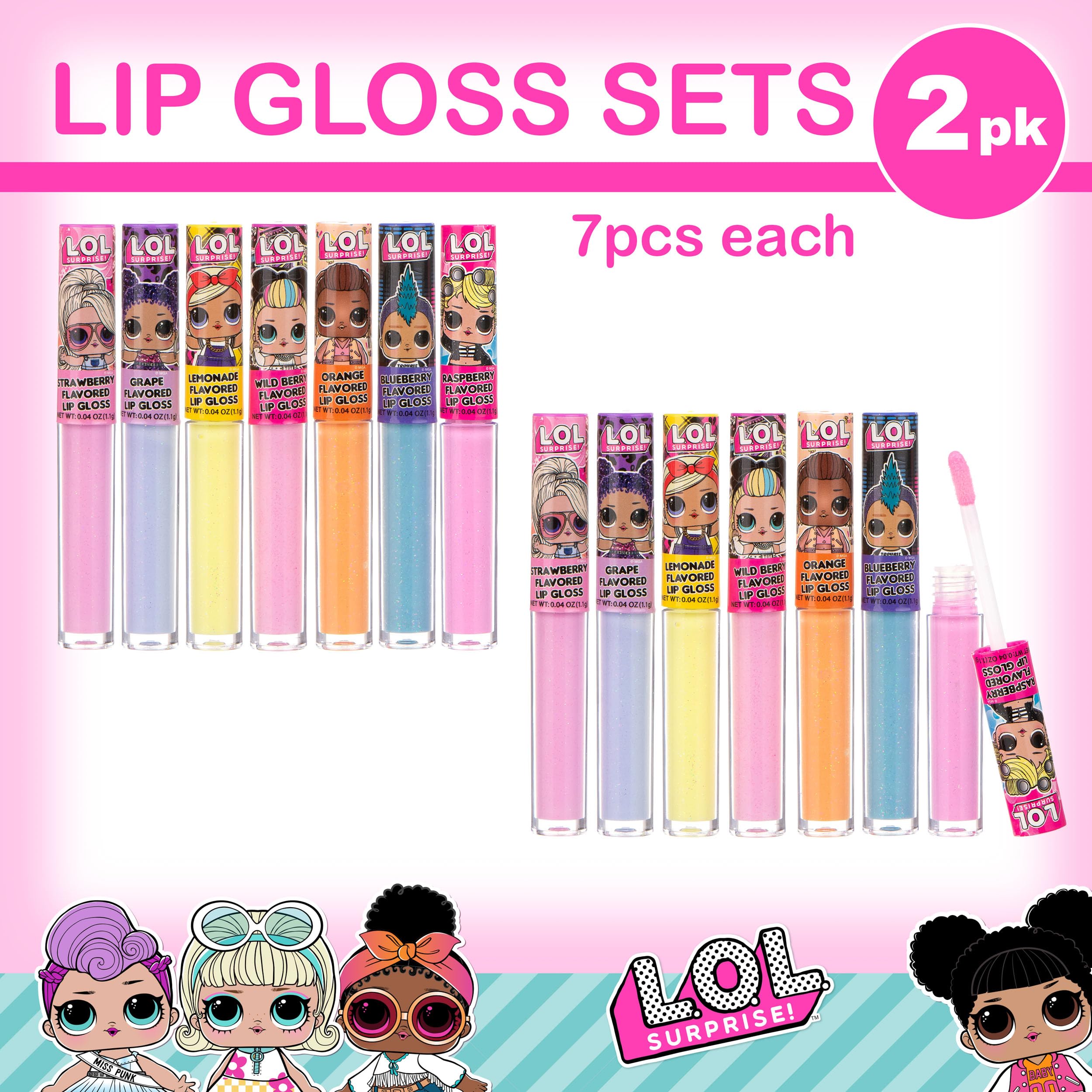 L.O.L Surprise! 14pc Lip Gloss for Girls, Lol Lip Gloss Set Value Pack, 14 Assorted Fruit Flavored Lip Glosses, Non Toxic, Kid Friendly, Party Favors, Gift For Kids