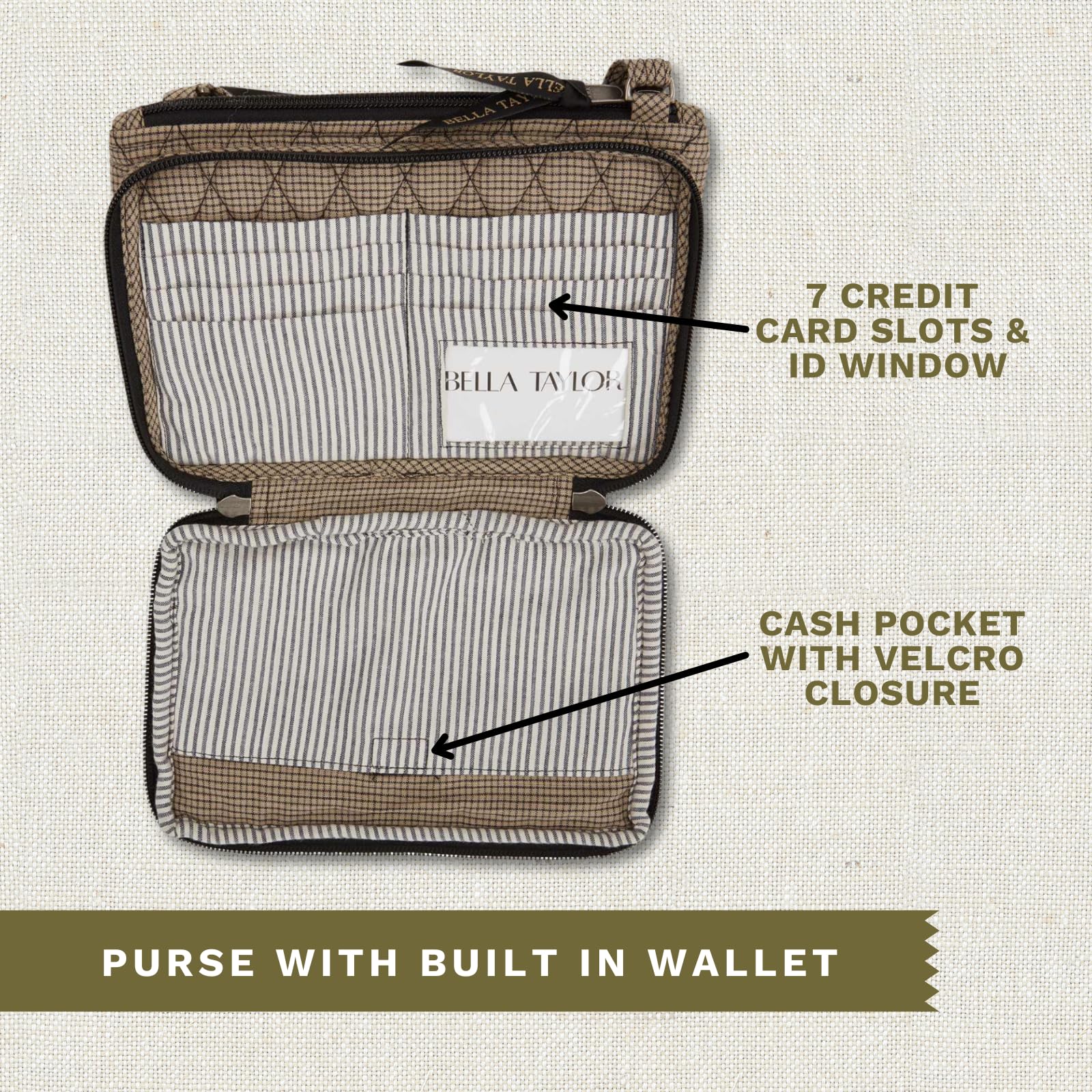 Bella Taylor Essentials Crossbody Purse with Built In Wallet, Quilted Cotton Ashmont Tan, Grey and Cream Patchwork