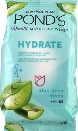 Pond's Vitamin Micellar Wipes For Dry Skin Hydrate Aloe Vera Removes Waterproof Makeup 25 Wipes