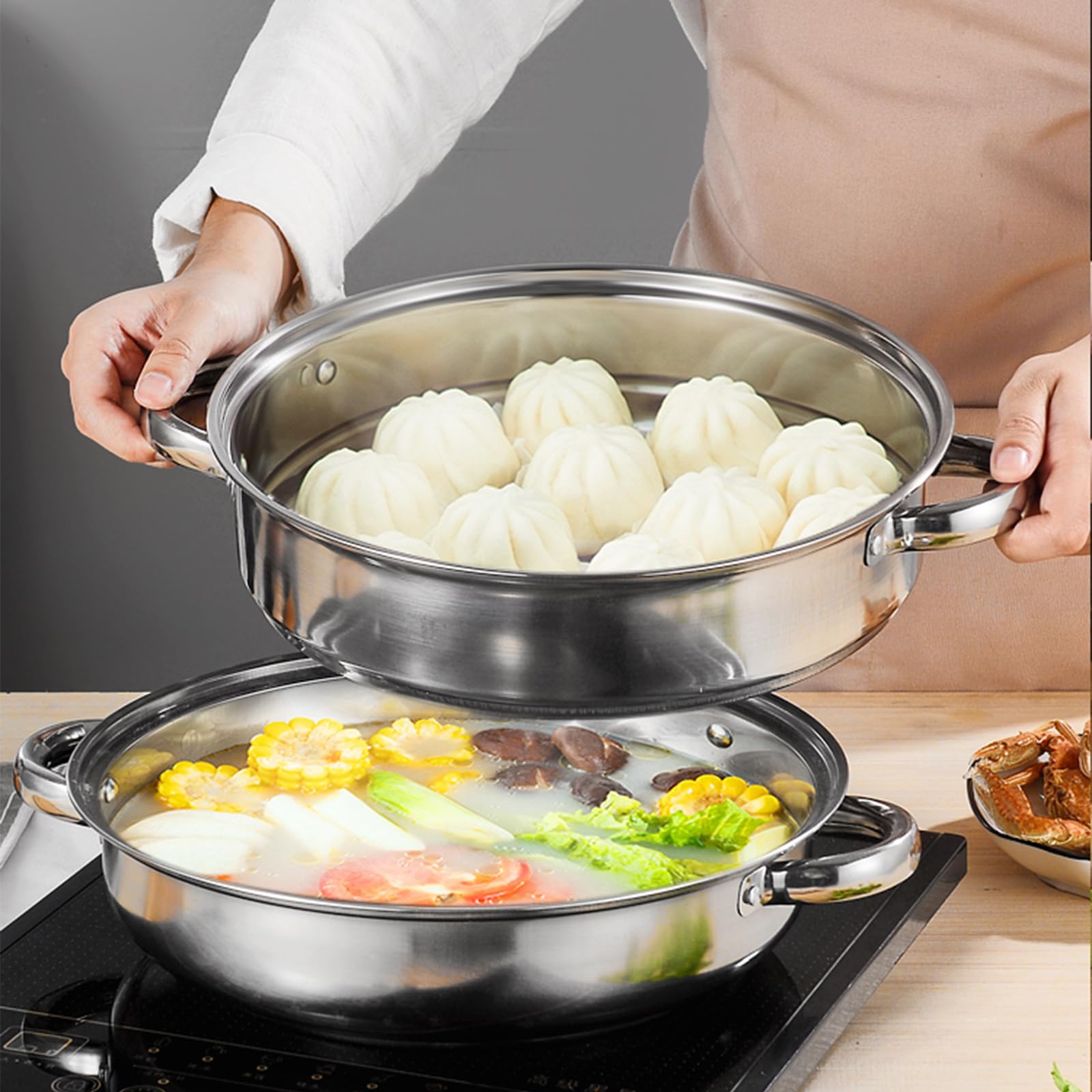 ZENFUN Steamer for Cooking, Steamer Pot with Steamer Insert, 2 Tier Stack and Steam Pot Set with Glass Lid, Stainless Steel Steamer Pot Double Handle, 11 Inch(Thickened)