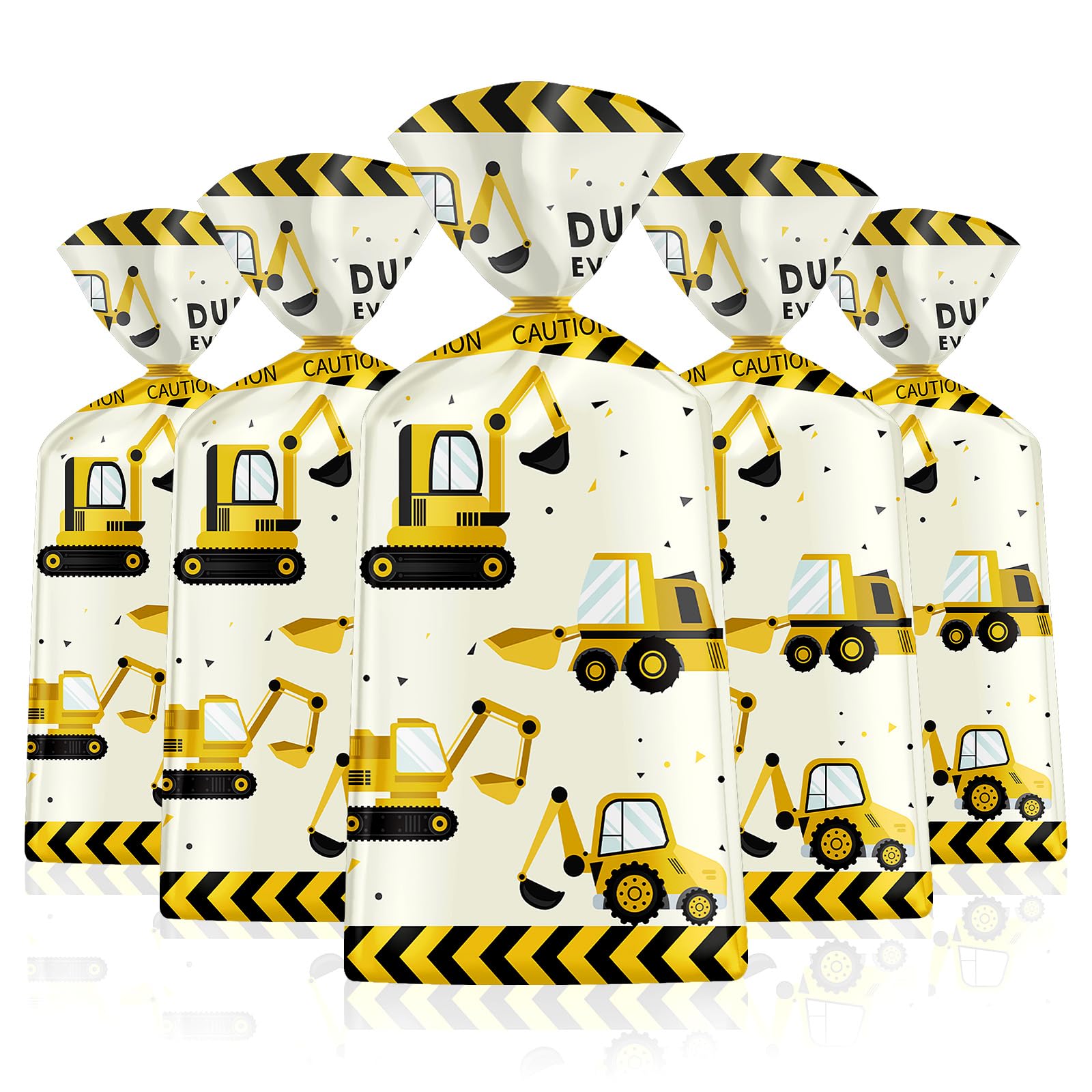 50 Pack Construction Party Favor Bags - Construction Theme Treat Bags, Truck Themed Cello Cellophane Gift Candy Goodie Bags with Gold Twist Ties for Kids Construction Birthday Party Supplies Favors