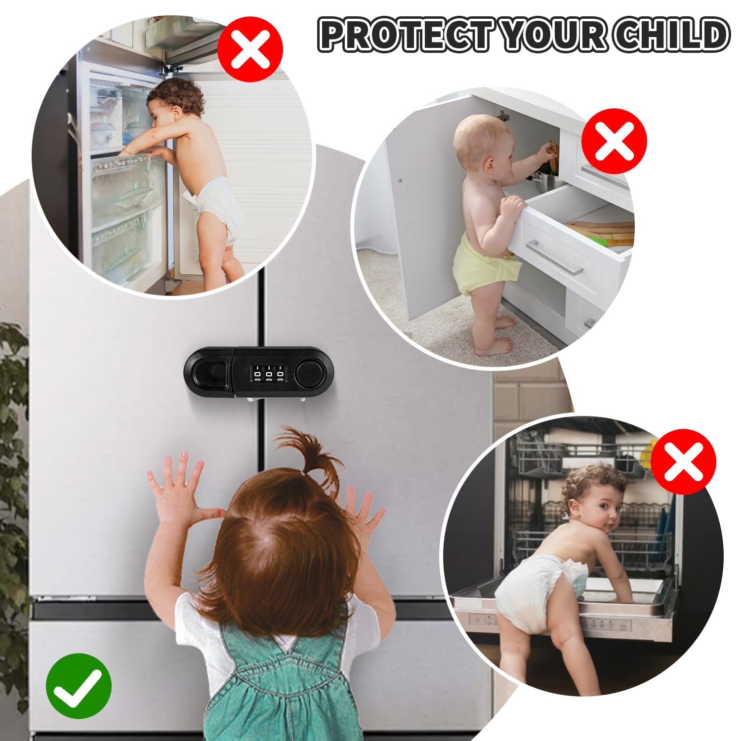 4 Pack Cabinet Locks Baby Proofing Fridge Lock Child Proof Refrigerator Lock Combination Freezer Door Lock for Knob Toddlers Kids Safety Latches, No Tools or Drilling Need - Black