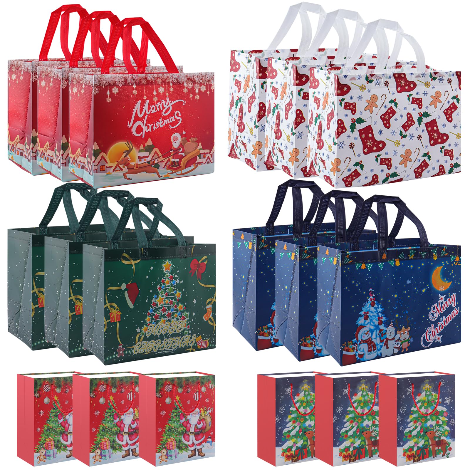 Tsungup 18 Pack Christmas Gift Bags Assorted Sizes,Large Non-Woven Christmas Tote Bags Christmas Reusable Gift Bags with Handles - Large Xmas Gift Bags