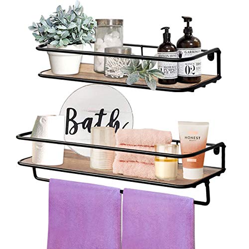 QEEIG Bathroom Shelves Over Toilet - Floating Wall Shelf with Towel Bar Farmhouse Set of 2, Rustic Brown (FS626)