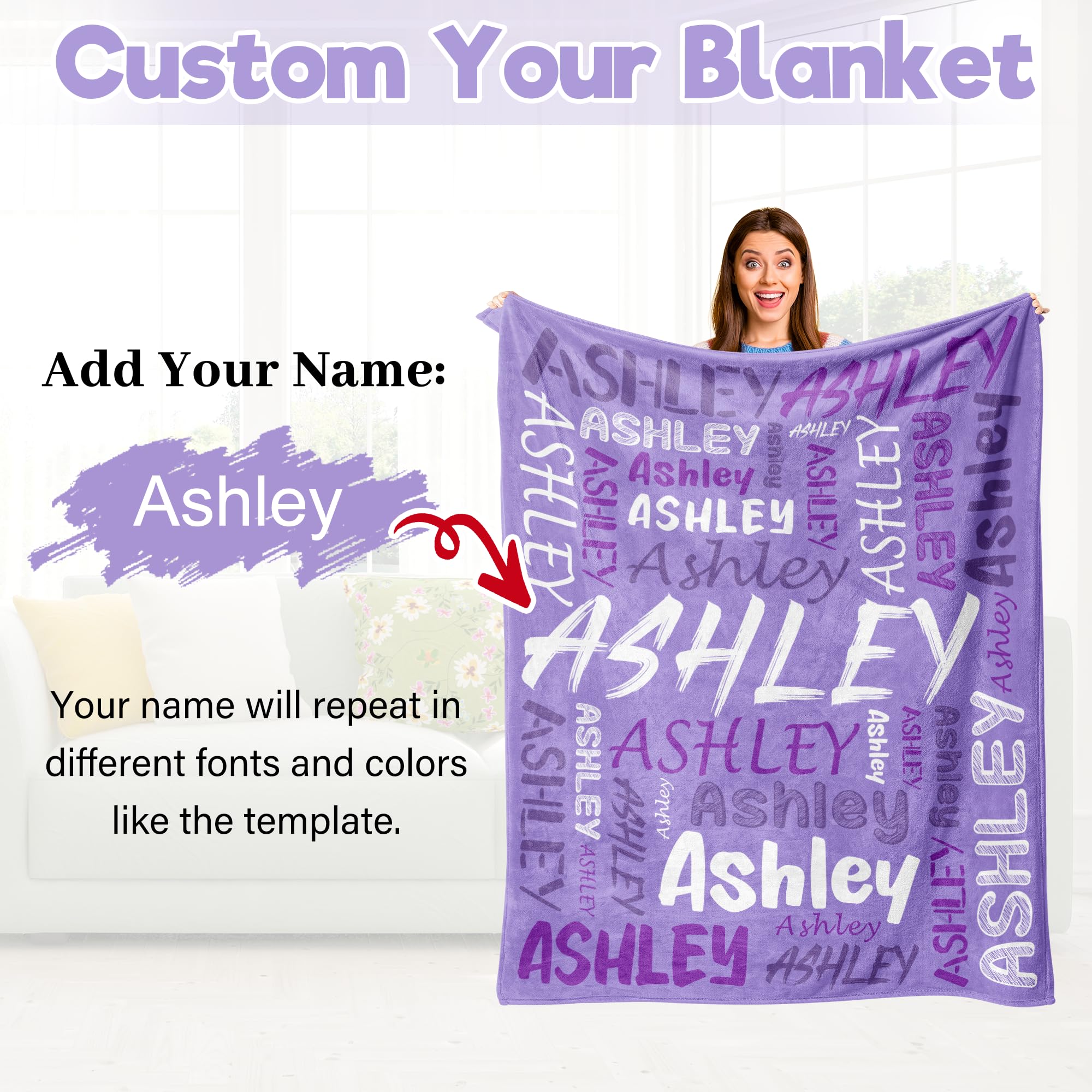 Personalized Name Blanket, Custom Purple Fleece Throw Blanket with Name for Kids Boys Girls Baby Men Women, Customized Light Soft Flannel Blanket Gift for Christmas Birthday Halloween