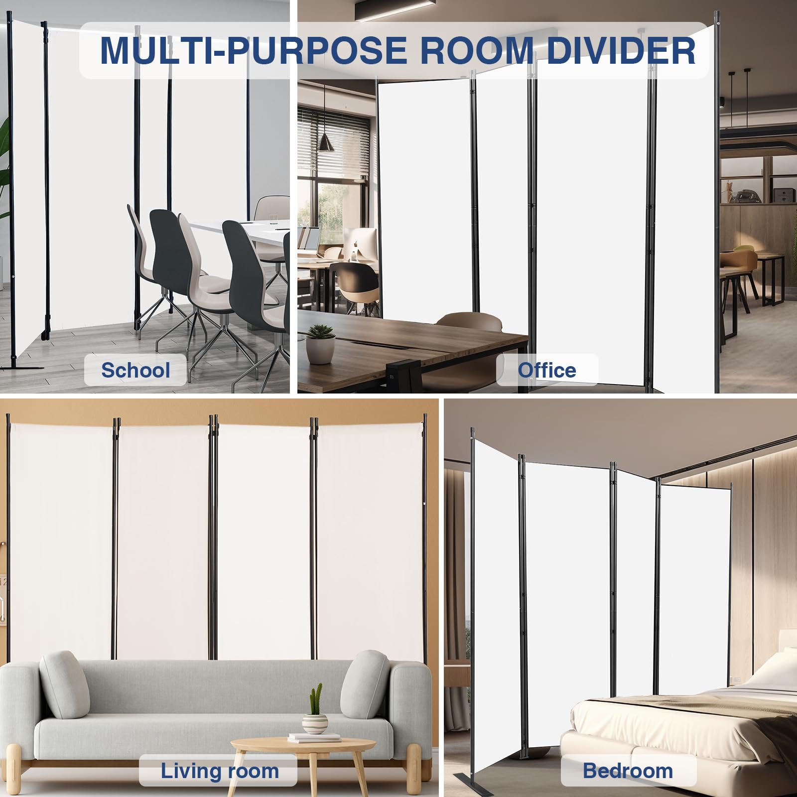 4 Panel Room Divider, Folding Privacy Screen Wall Divider for Room Separation, Freestanding Room Partitions for Home Office Dorm Decor 84”W×67”H, White