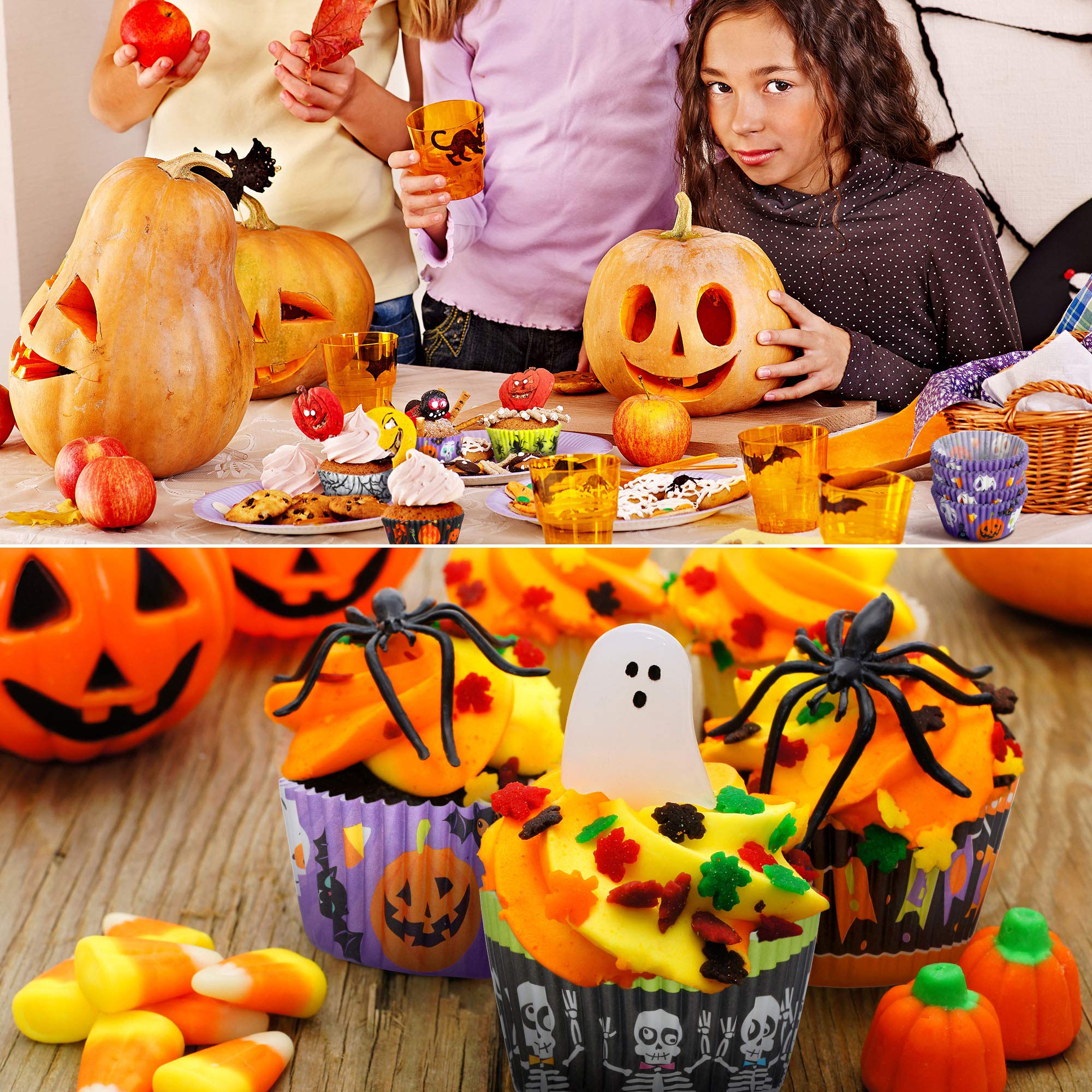600 Pieces Halloween Cupcake Liners Halloween Pumpkin Colorful Donuts Baking Cups Disposable Paper Cupcake Wrappers Muffin Case Trays Baking Wraps for Halloween Birthday Party (Delicate Style)