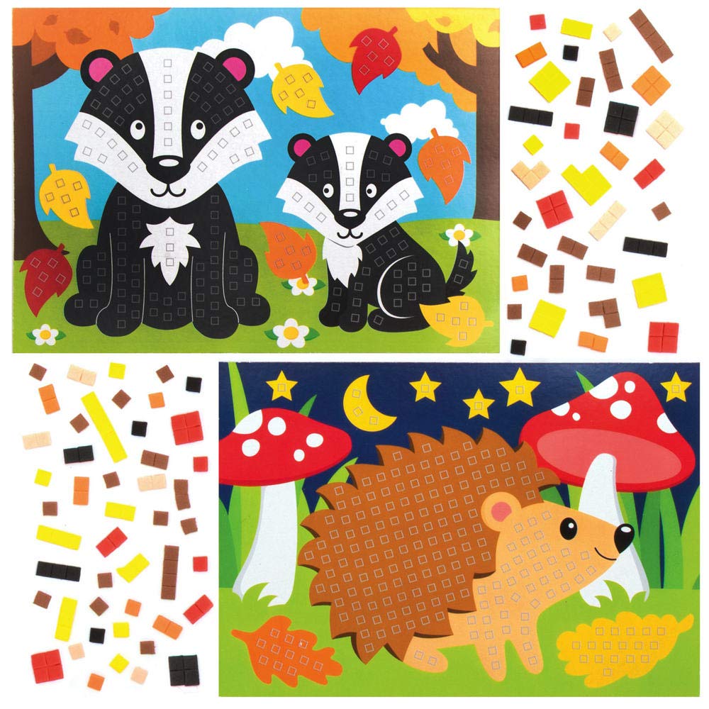 Baker Ross AX209 Woodland Animal Mosaic Kits for Kids - Pack of 4, Peel and Stick Crafting Activities This Christmas Festive Season