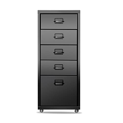 corpuwn 5 Drawer Mobile Storage Cabinet, 27" Metal Storage Dresser Cabinet with Castor Wheels,16" Deep Small Organization Chest for Home Office,Easy Assembly Without Screws,Black