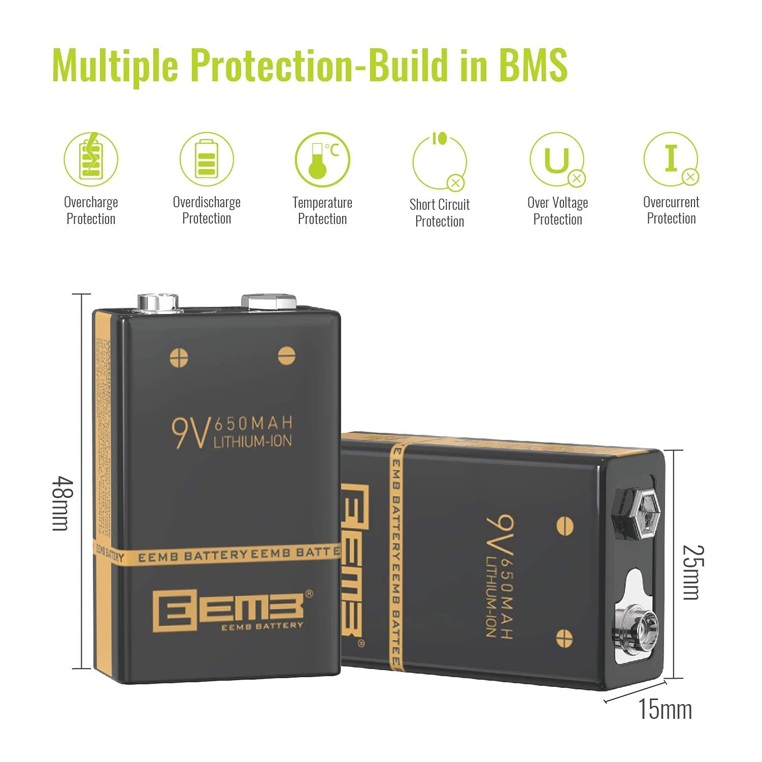 EEMB 9 Volt Rechargeable Batteries 650mAh with 9V Battery Charger for Smoke Alarm Detector 4-Packs