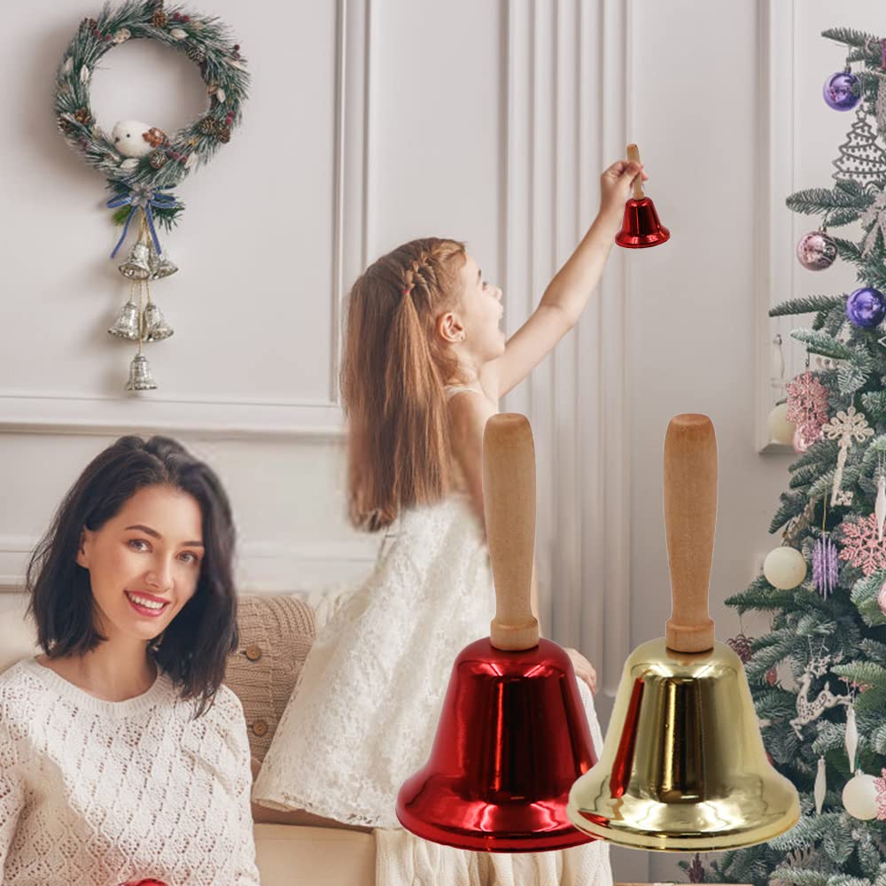 2Pcs Hand Bell - Hand Call Bell Christmas Bells with Handle for Kids and Adults, Hand Bells for Sporting Events Wedding Classroom Church Service and Game (Gold&Red)