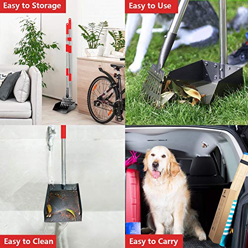 QiMH Upgraded Dog Pooper Scooper Extra Large, Adjustable Long Handle Stainless Metal Pet Poop Tray and Rake Set for Large Medium Small Dogs, Dog Waste Removal Bin Rake, Great for Grass, Street, Gravel