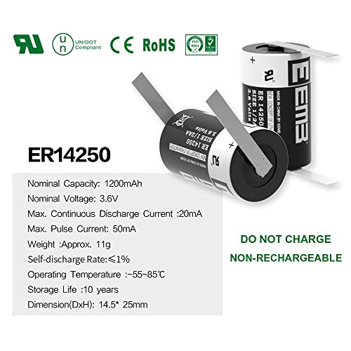 EEMB ER14250 Nonrechargeable 3.6V Lithium Battery with Tabs Li-SOCL₂ 1/2 AA Size 1200mAh High Capacity UL Certified Single-Use 3.6V Lithium Thionyl Chloride Battery DO NOT Charge Battery