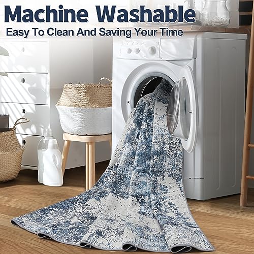 Area Rug 9x12 Living Room: Large Washable Rug with Anti-Slip Backing Non-Shedding Stain-Resistant Soft Abstract Carpet for Bedroom Dining Room Nursery Home Office (Blue)