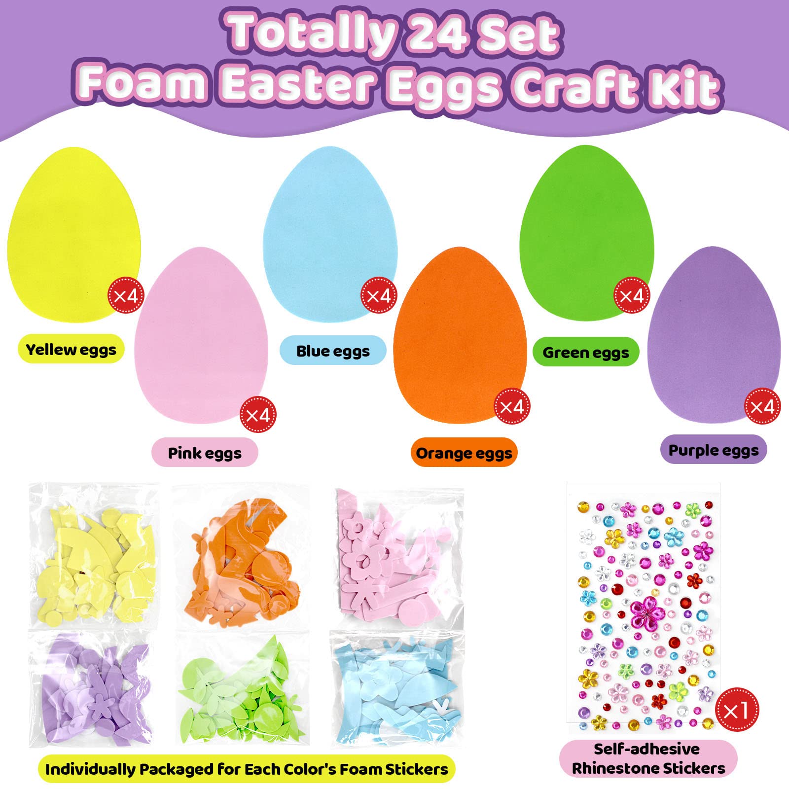 Hifunwu 24 Pcs Foam Easter Eggs for Crafts Easter Foam Crafts Stickers Set with Rhinestones Easter Crafts Party Favors Supplies