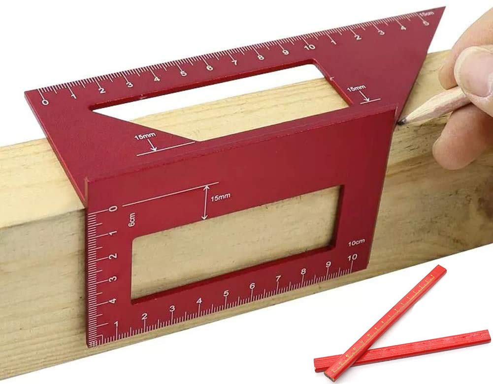 Aluminum Alloy square for woodworking Miter Scriber T Ruler 45/90 Degree Angle Ruler Angle Protractor Gauge with 2 Woodworking pencils