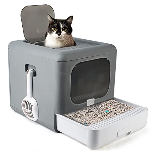 Fhiny Foldable Cat Litter Box with Lid, Enclosed Drawer Kitty Litter Pan Front and Top Entry Door Cat Potty with Plastic Scoop Anti-Splashing No Smell Easy to Scoop