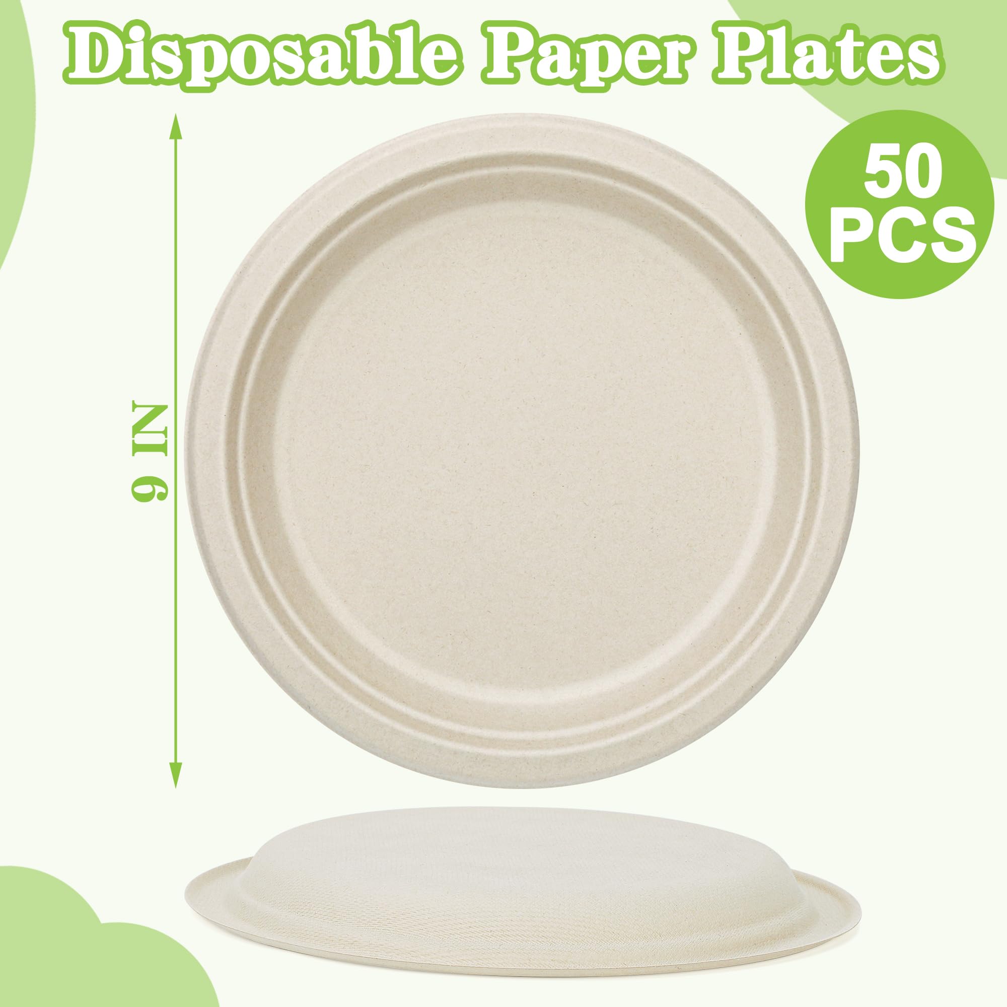 50 PCS Compostable Paper Plates, 9" Heavy Duty Disposable Plates, Biodegradable Sugarcane Fiber Natural Bagasse Party Plates Microwave Safe Dinner Plates Bulk for Daily Use Birthday Wedding Picnic