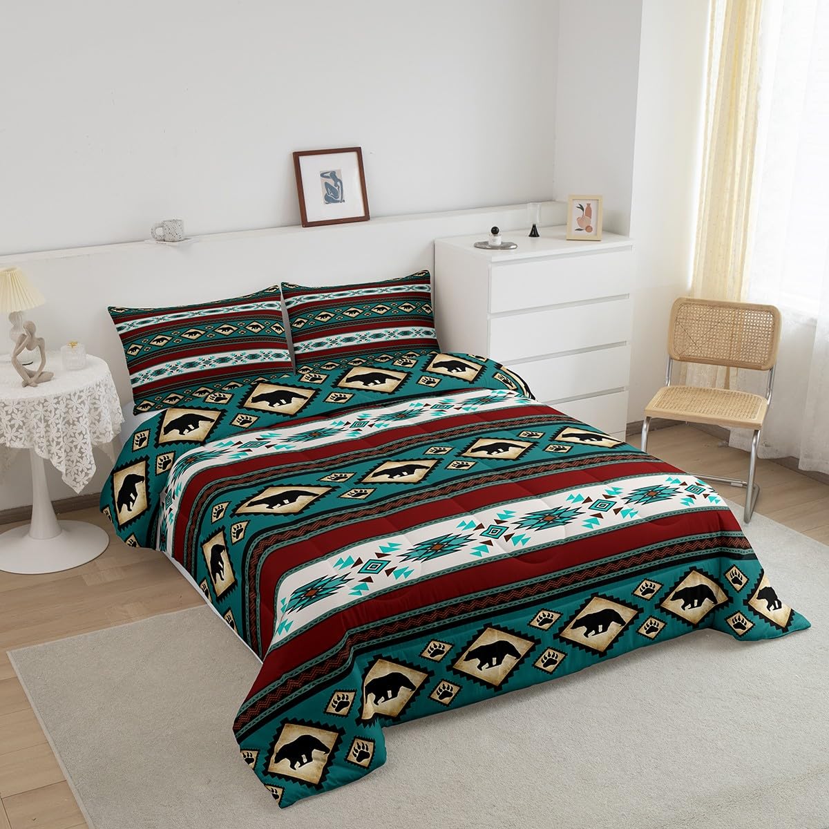 Western Boho Bear Bedding Set Full, Southwestern Aztec Comforter for Kids Boys Girls Boho Exotic Comforter Set Farmhouse Rustic Cabin Duvet Set 3Pcs