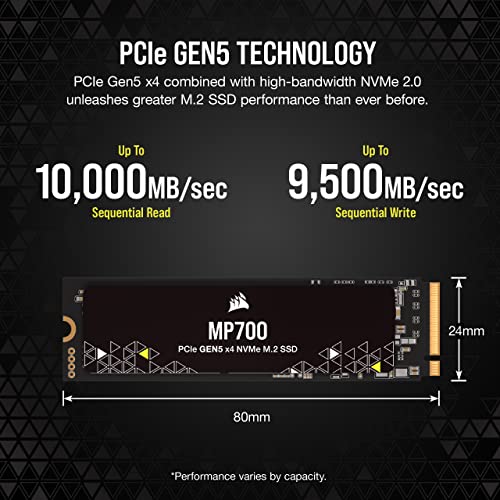 Corsair MP700 1TB PCIe Gen5 x4 NVMe 2.0 M.2 SSD – High-Density TLC NAND – Aluminum Heatsink – M.2 2280 – DirectStorage Compatible – Up to 10,000MB/sec – PCIe Gen4 & Gen3 Backwards Compatible – Black