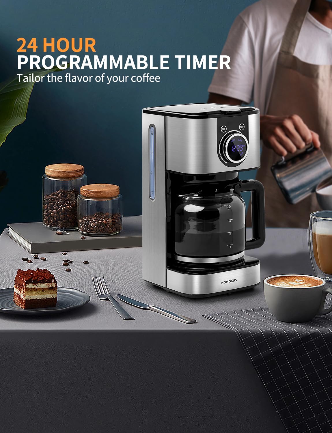 Homtone 10 Cup Programmable Coffee Maker, Drip Coffee Maker with LCD Screen, Glass Carafe, Warming Plate, Auto Shut Off, Regular & Strong Brew for Home and Office, Stainless Steel