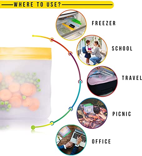 Aski Pro 8 Count Reusable Silicone Sandwich and Snack Bags with Bonus Towel, Pen and Labels-Leakproof, Washable and Eco-Friendly with Dual Ziplock Tops- Available in 3 Different Sizes