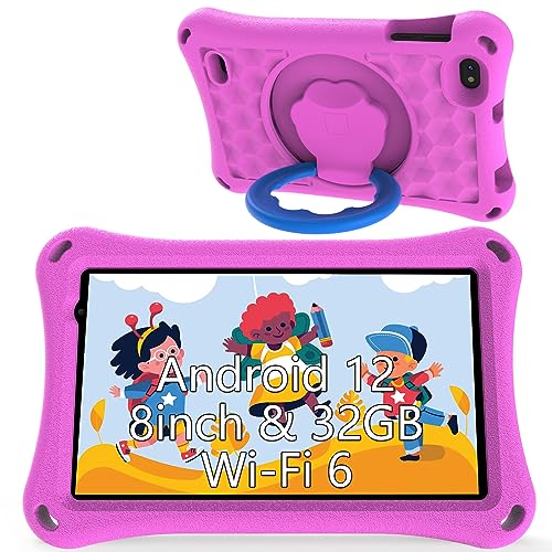 8 inch Kids Tablet, 32GB ROM Android 12 Tablet for Kids Parent Control Toddler Tablet with Case, 2GB RAM Wifi Tablet Pc, Pre installed Learning Education Tablets, 2+5MP Dual Camera IPS Screen, Pink
