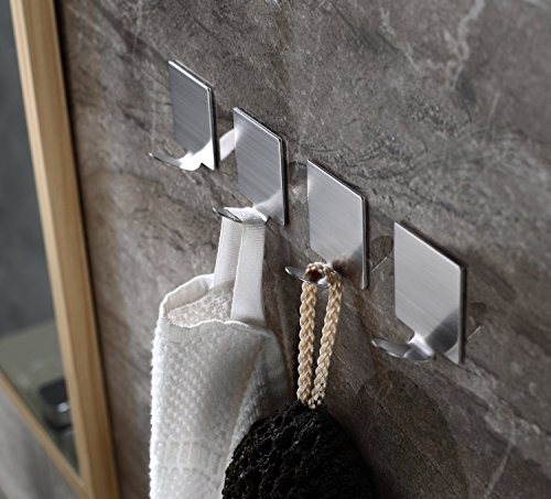 Fotosnow Wall Adhesive Hooks Heavy Duty Waterproof Stainless Steel Hooks for Hanging Coat, Hat Towel Robe-Bathroom and Bedroom-8 Packs
