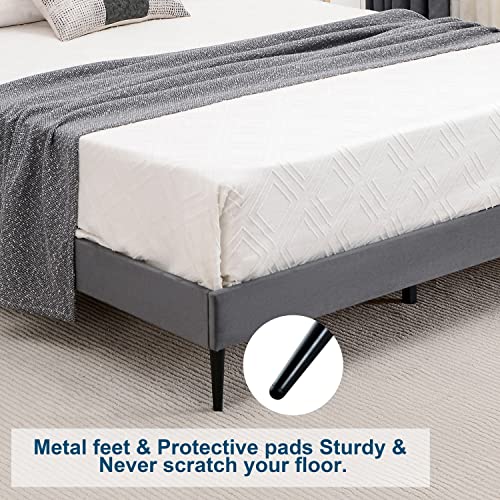AsKmore Queen Size Bed Frame,Velvet Upholstered Platform Bed with Decorative Flower Line & Nailhead Trim Headboard with Wood Slat Support,No Box Spring Needed,Easy Assembly, Grey