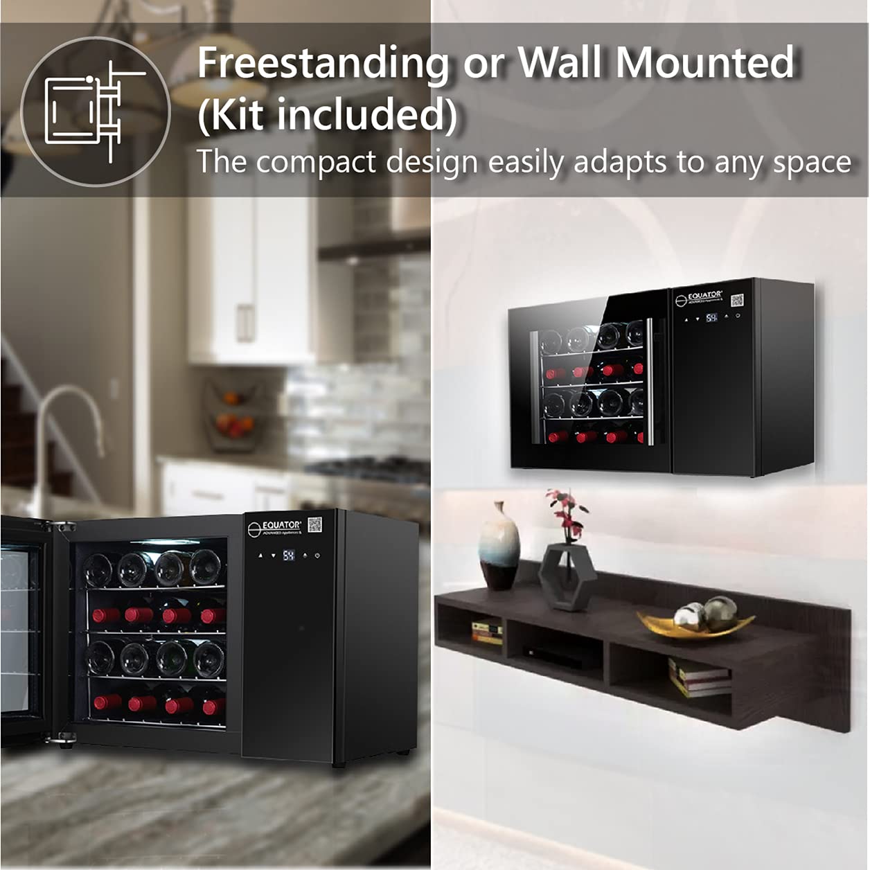 Equator 16 Bottle Wine Refrigerator, Single-Zone, Freestanding/Built-in, Anti-UV Glass Door, Temp Range 41°F-71.6°F, Touchpad Controls, Auto Defrost, 110V