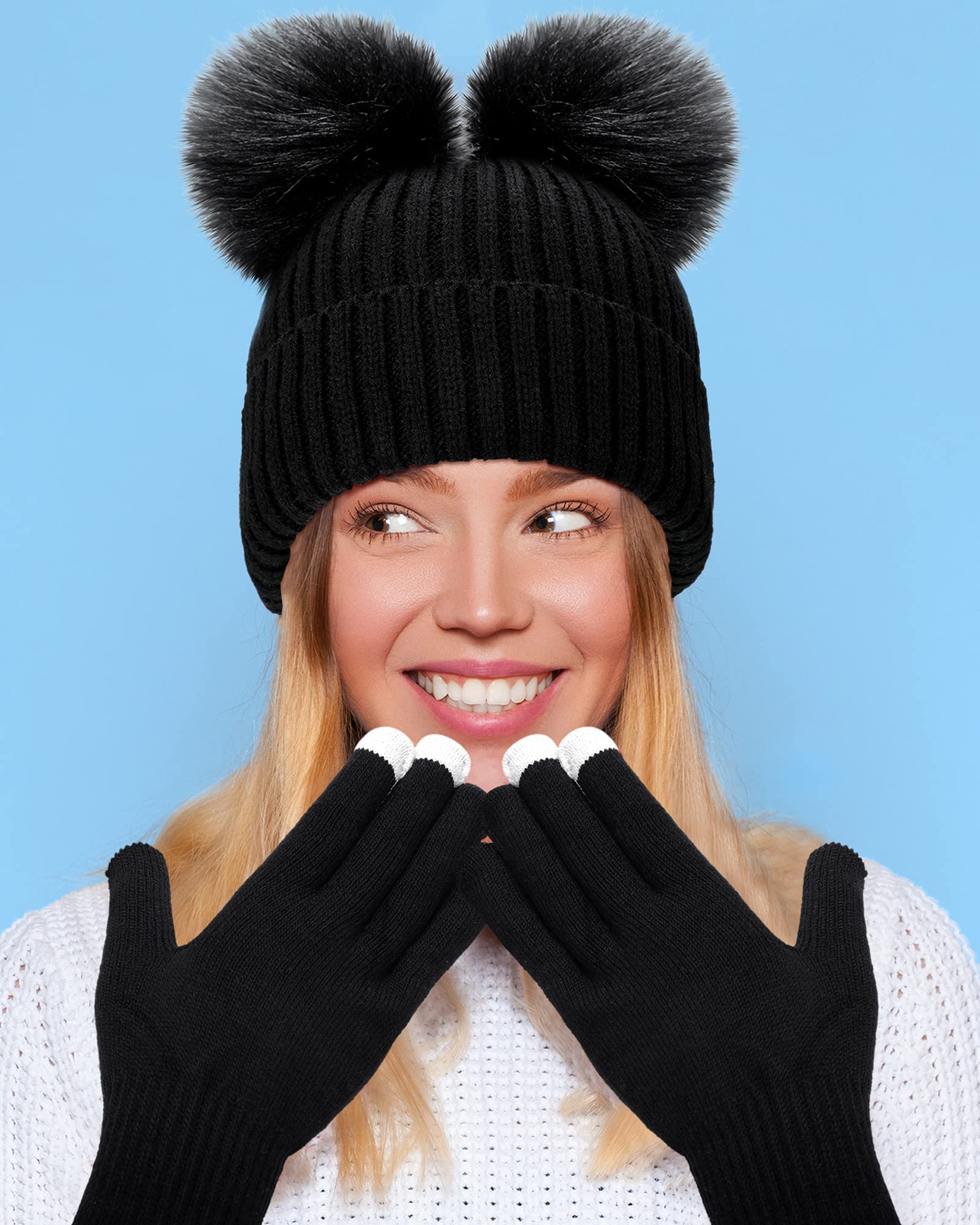 2 Pieces Satin Lined Winter Hats Women Pom Beanies Winter Knitted Pom Hat Touchscreen Gloves Set for Women Girls