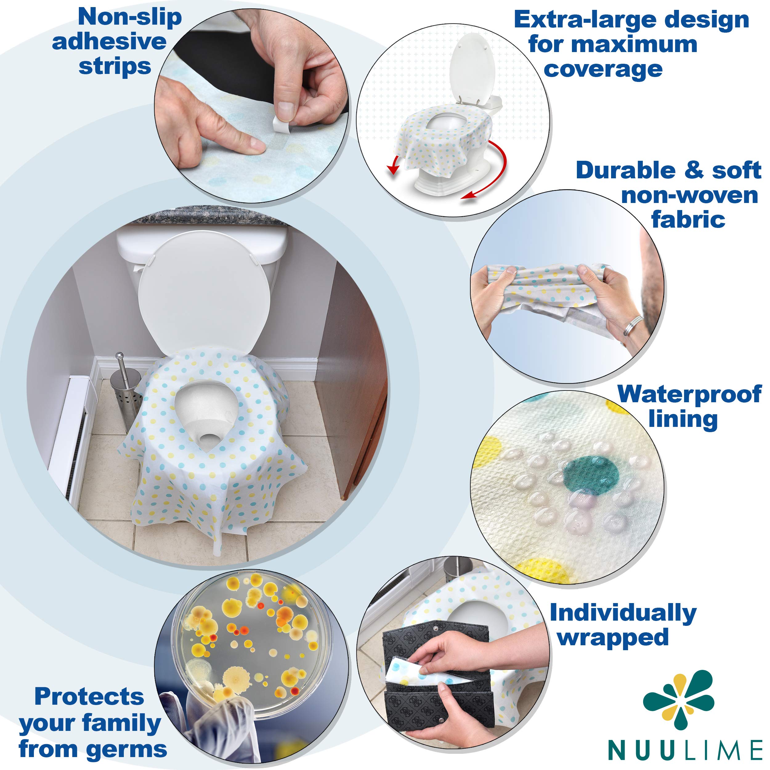 Toilet Seat Covers Disposable - 30 Pack - Extra Large Portable Liners for Bathroom, Road Trip, Child Travel, Toddler Potty Training, Adults On the Go - Individually Wrapped, Waterproof, Soft Clean Pad