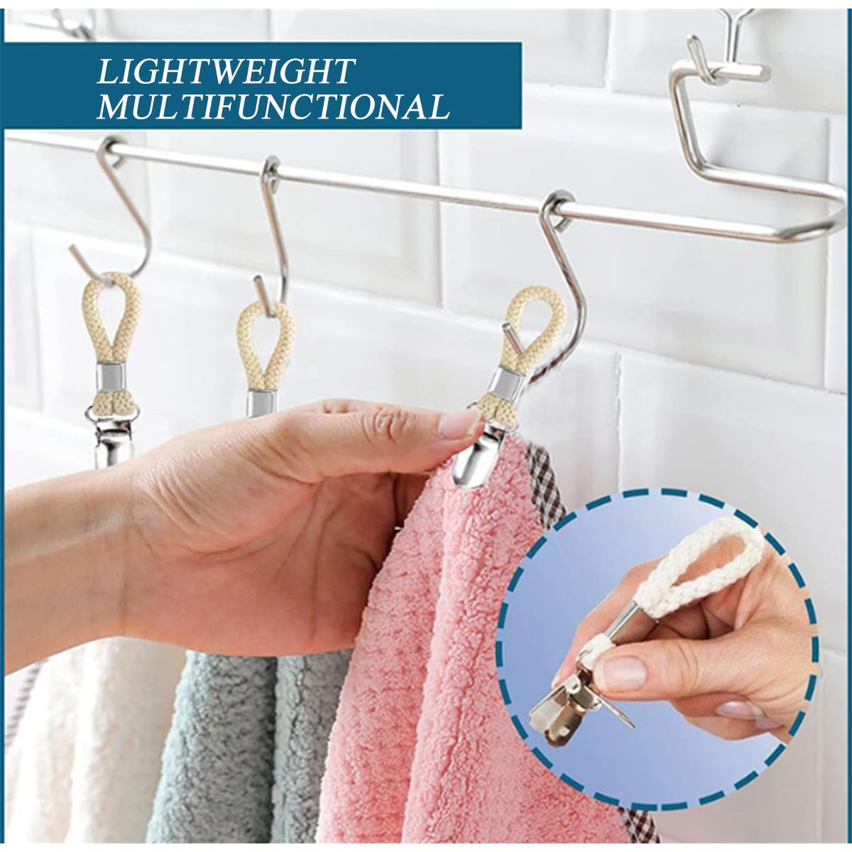 Xzhixiao 4pcs Rust-Resistant Metal Cotton Rope Towel Clips, Hanging Clips for Drying Towels and Other Fabric Items, Suitable for Home Bathrooms